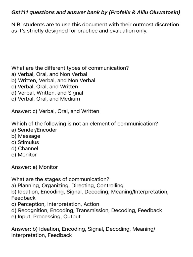 Gst111 Questions and Answer Bank (Profelix) | PDF | Communication | Empathy