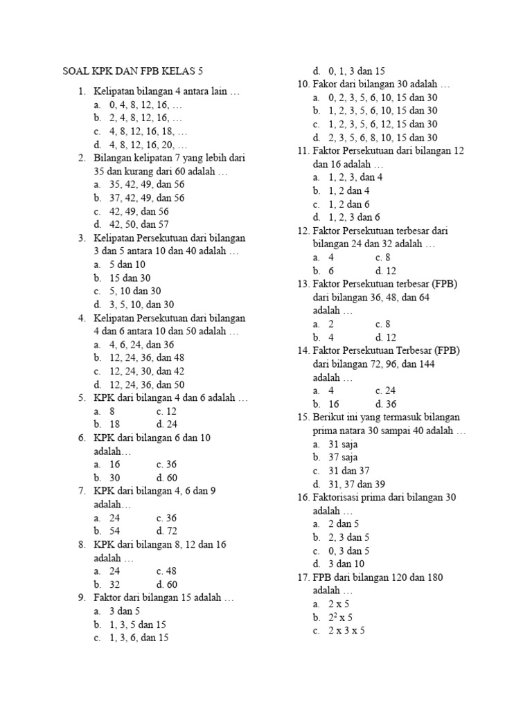 Soal KPK Dan FPB Kelas 5 | PDF