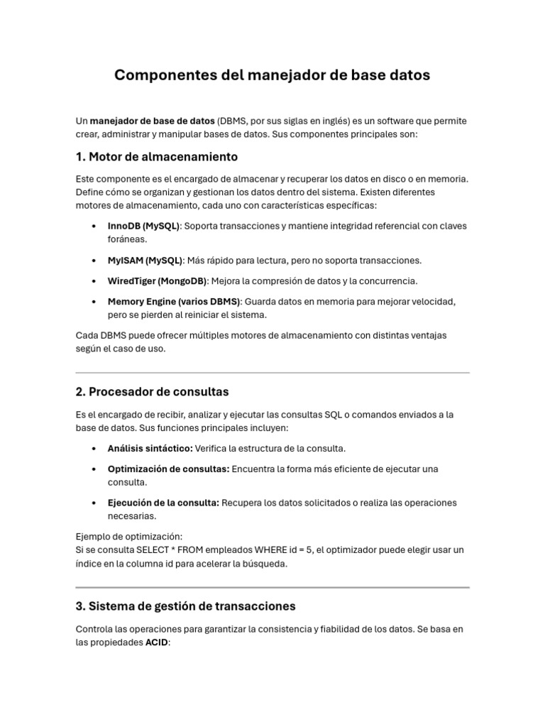 Componentes del manejador de base datos | PDF | Mi sql | Bases de datos