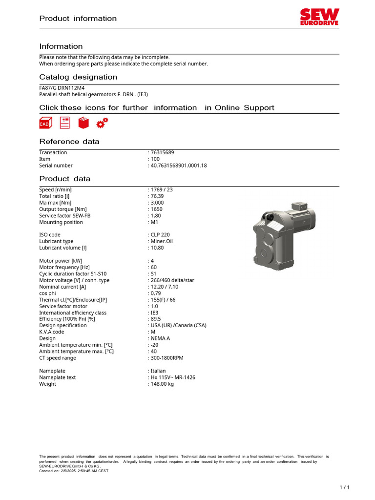Parallel-Shaft Gearmotor FA87/G DRN112M4 | PDF | Electric Power ...