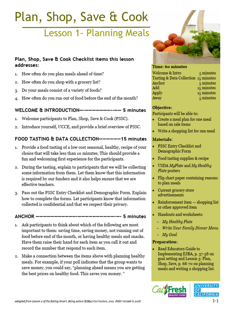 PSSC Lesson 1 - Meal Plan - 02.2020 | PDF | Meal | Grocery Store
