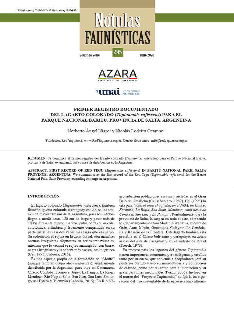 Primer Registro de Tupinambis rufescens en Baritú | PDF | Zoología