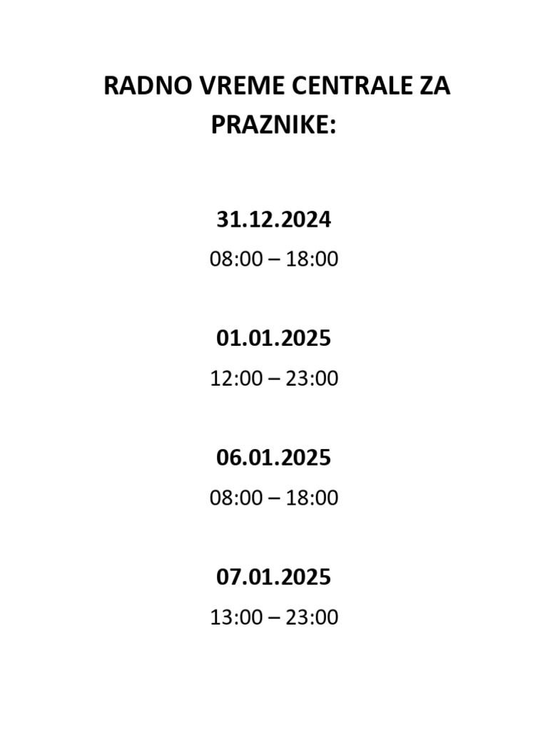 Radno Vreme Za Praznike | PDF