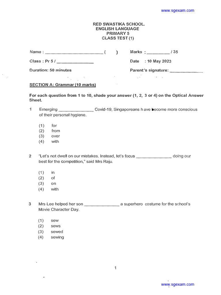 2023-P5-English-Weighted Assessment 1-Red Swastika | PDF