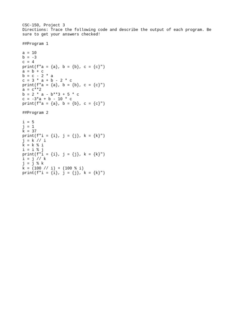 Code Output Tracing for CSC-150 Project | PDF