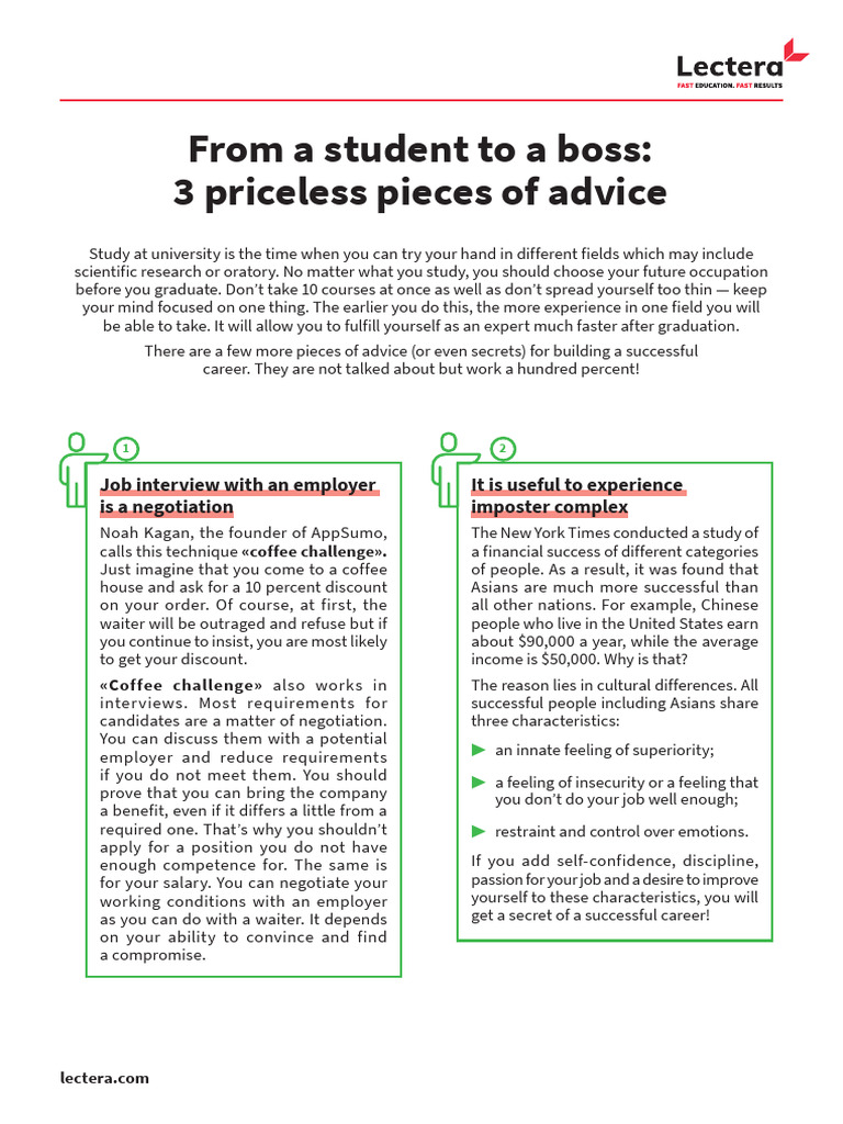0048_U4 From a Student to a Boss 3 Priceless Pieces of Advice | PDF | Psychology | Cognition