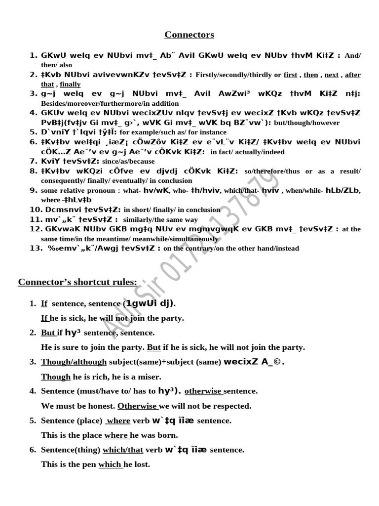 Connectors Shortcut Rule | PDF | Noun | Linguistics