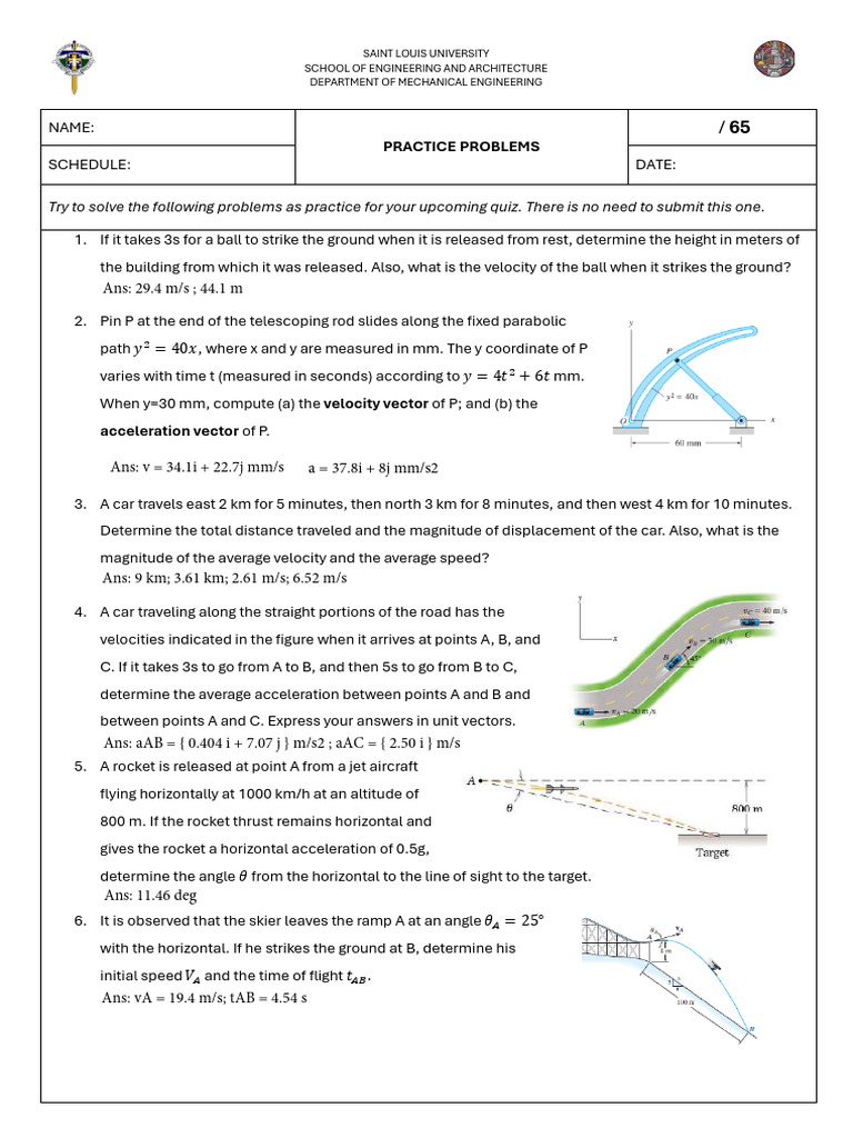 Practice Problems - Prelim | PDF | Velocity | Acceleration