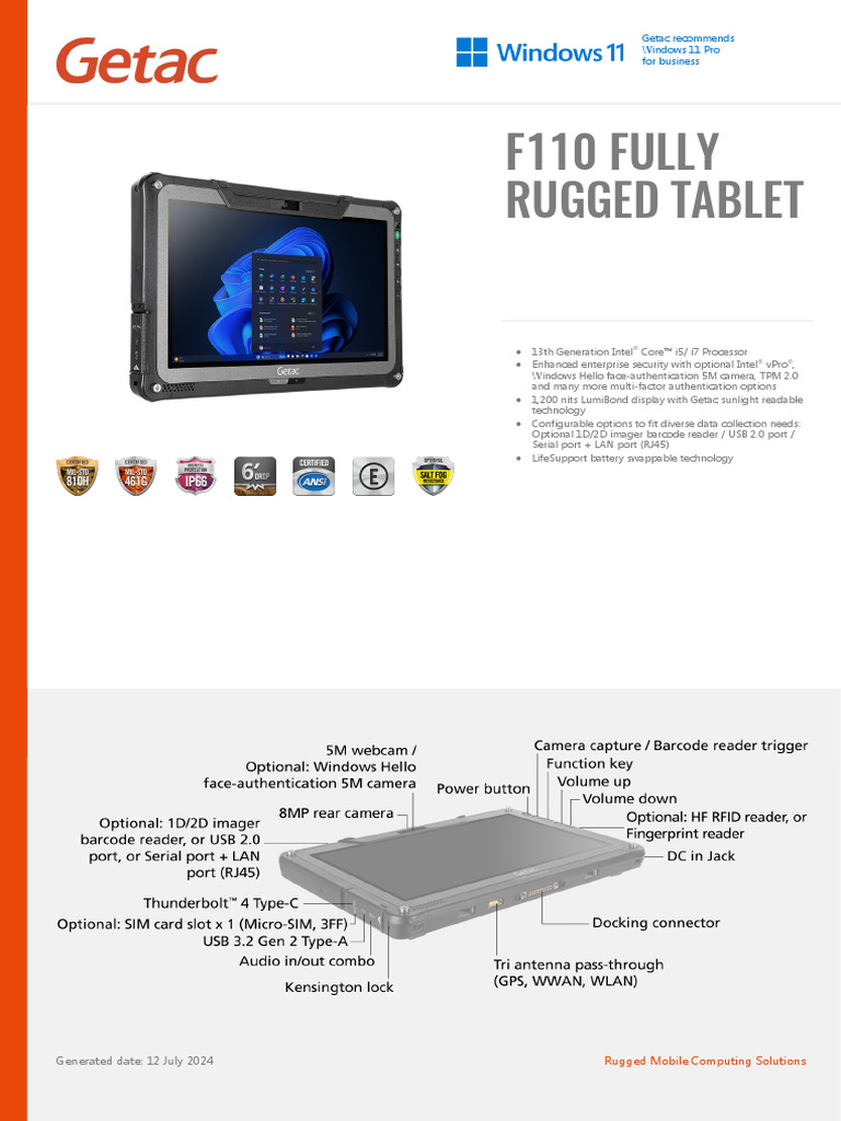 Tablet Getac f110 g7 I5 8 256 GB Data Sheet 1 | PDF | Computer Hardware ...