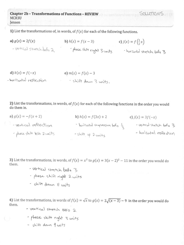 Chapter 2b Transformations of Functions REVIEW SOLUTIONS | PDF