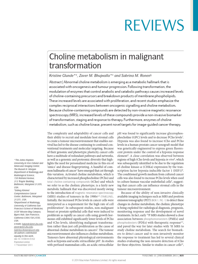 Choline Metabolism in Cancer Progression | PDF | Carcinogenesis | Cancer