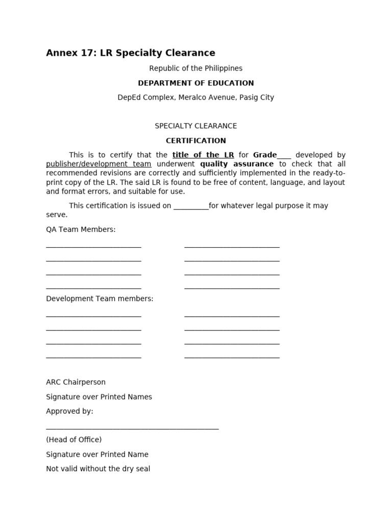 LR Specialty Clearance Certification | PDF