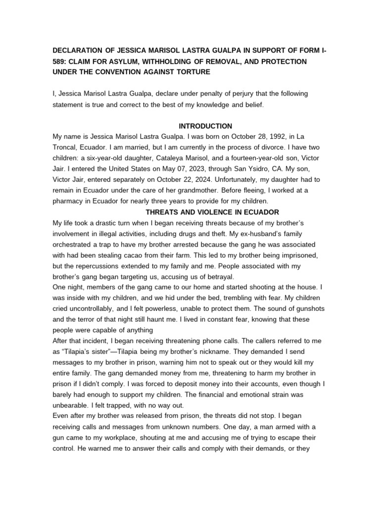 Declaration of Jessica Marisol Lastra Gualpa | PDF | Anxiety | Fear
