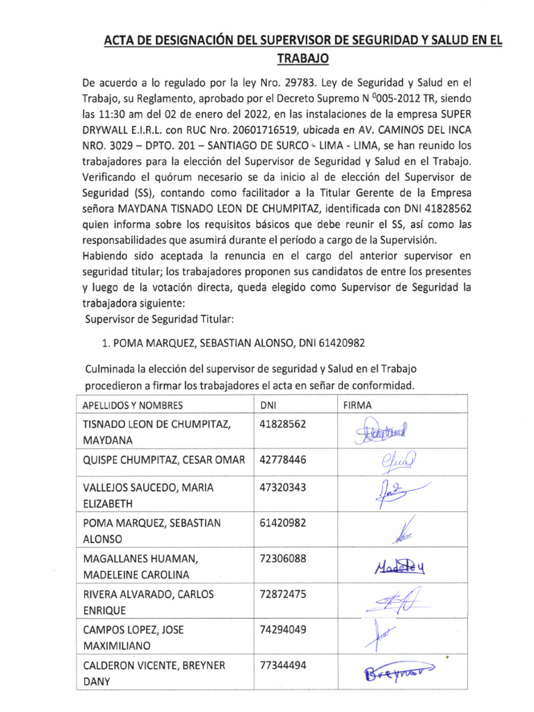 ACTA DE DESIGNACION DE SUPERVISOR SUPER DRYWALL | PDF