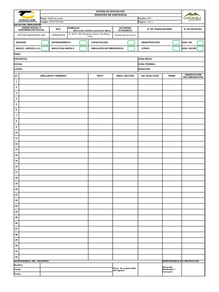 SSO-FOR-008 Lista de Asistencia Rev 001 CARAVELI | PDF