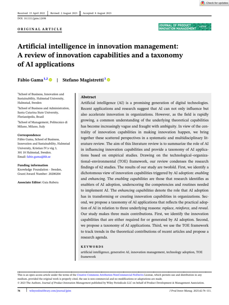 J of Product Innov Manag - 2023 - Gama - Artificial Intelligence in Innovation Management A ...