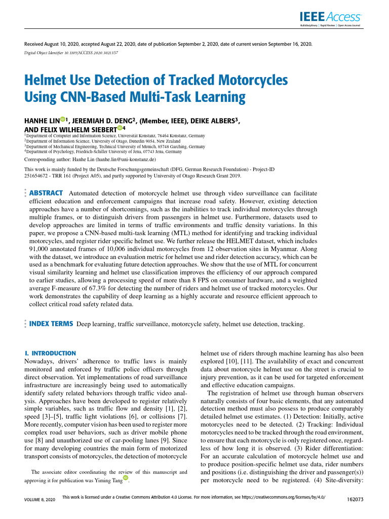 Helmet Use Detection of Tracked Motorcycles Using CNN-Based Multi-Task Learning | PDF | Deep ...