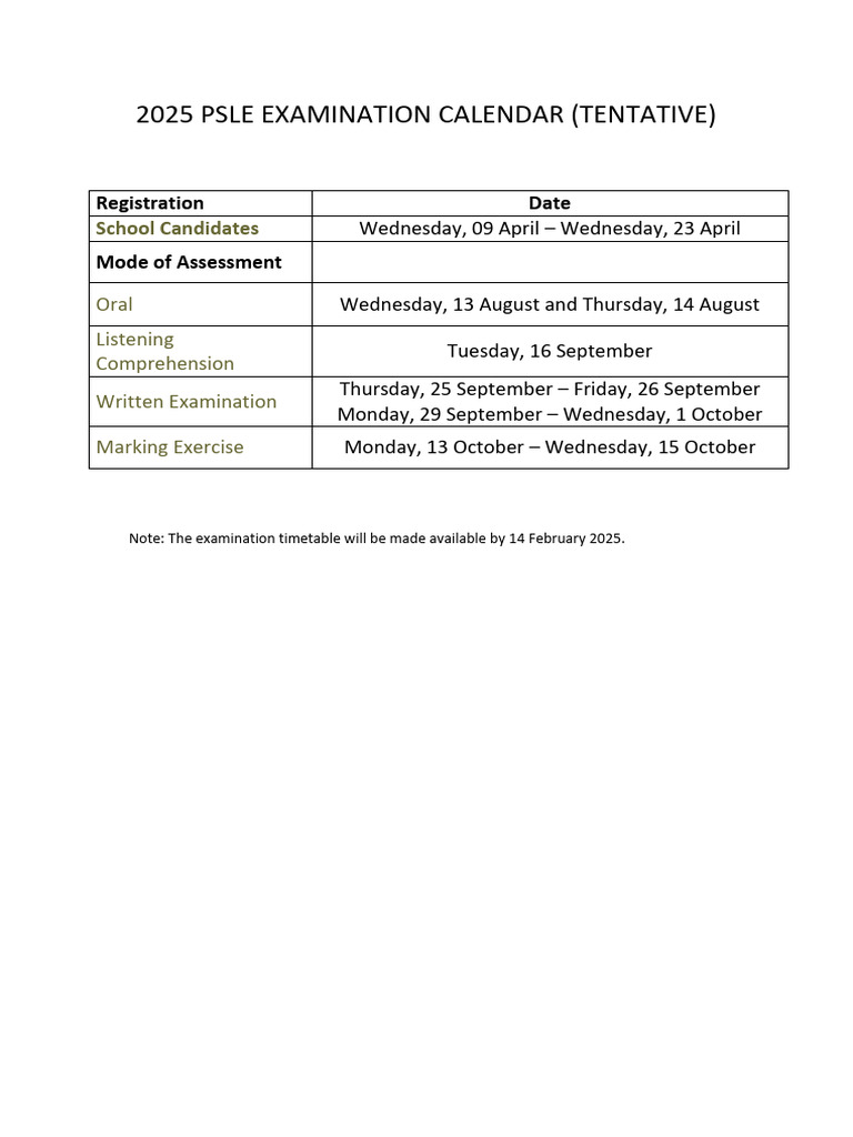 2025 Psle Examination Calendar (Tentative) VF | PDF