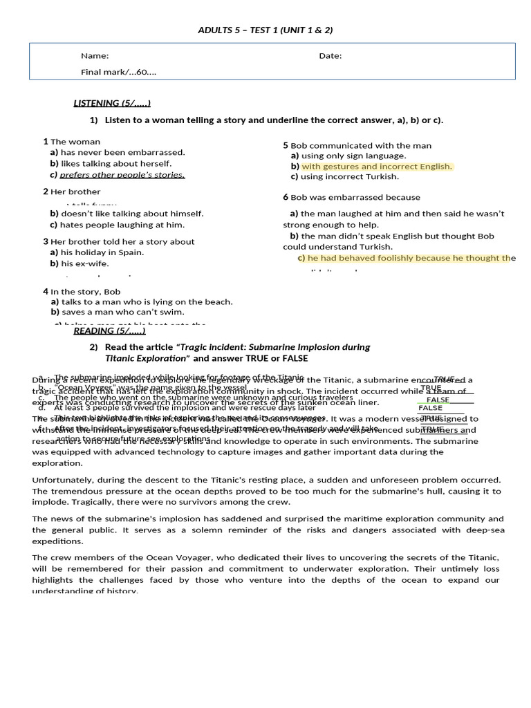 Adults 5 - TEST 1 Unit 1 and 2 | PDF | Submarines