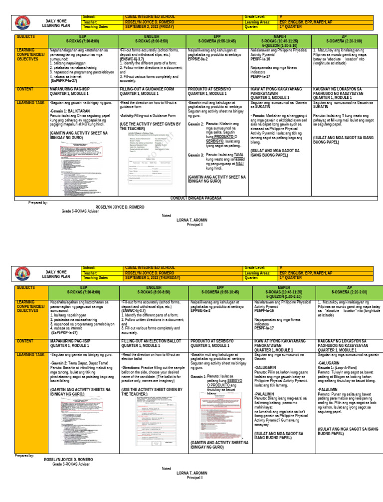 Daily Home Learning Plan | PDF