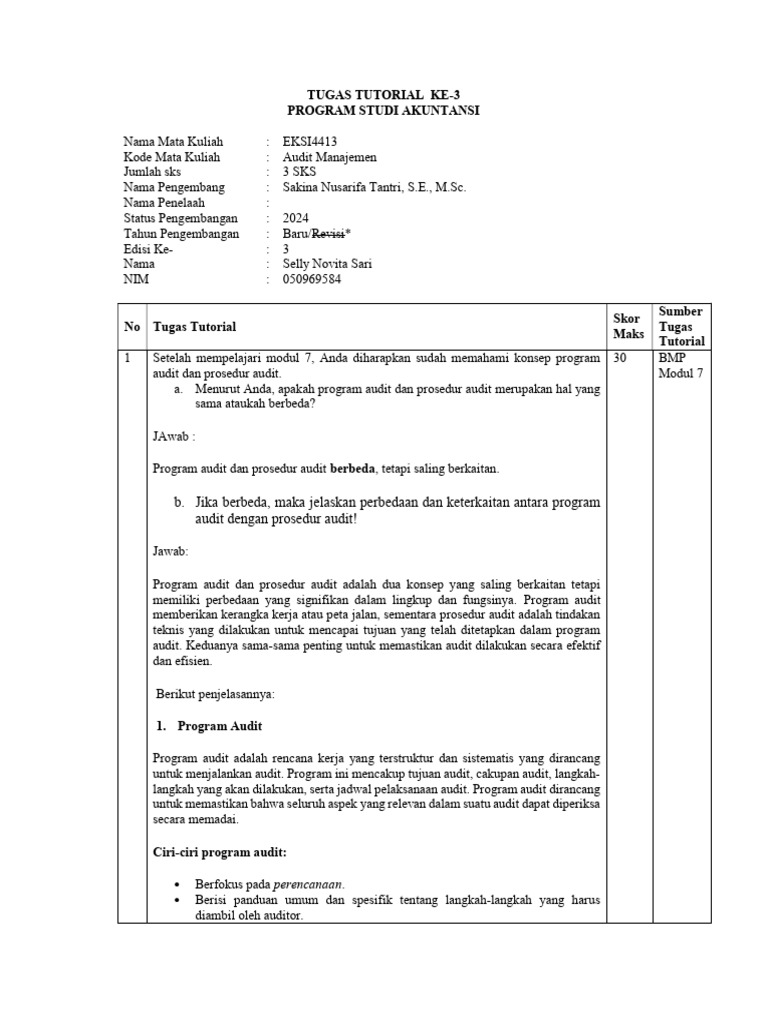 Sesi 7 Tugas 3 Eksi4413 Audit Manajemen Selly Novita Sari | PDF