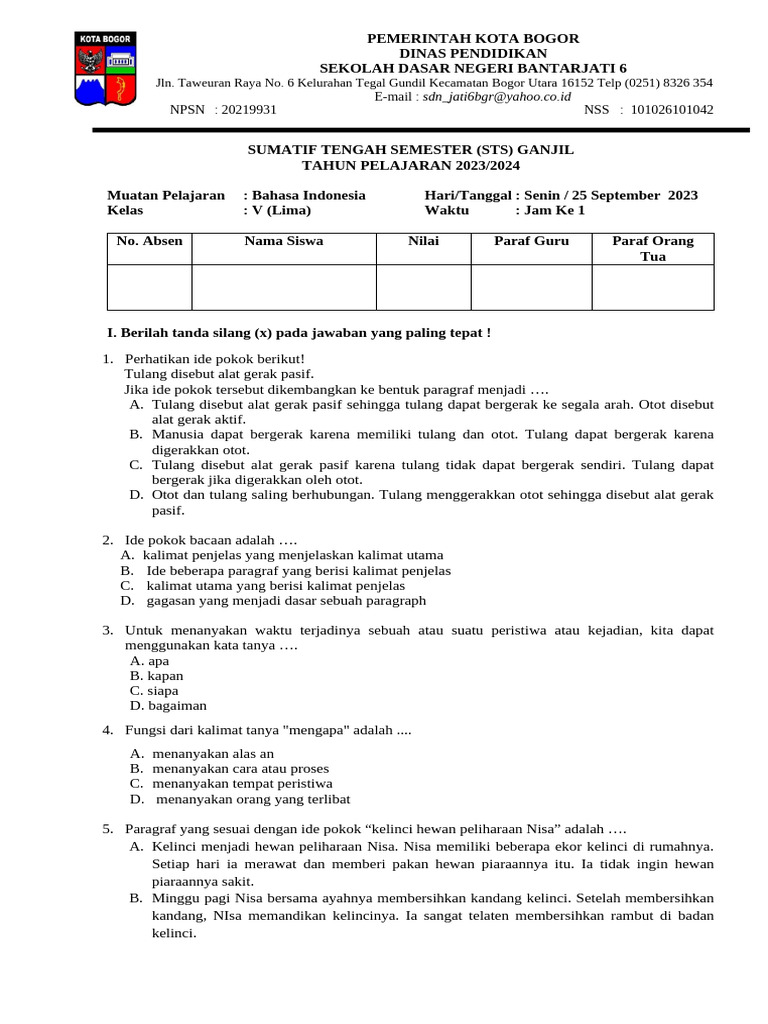 Soal PTS Ganjil B INDO Arsip | PDF