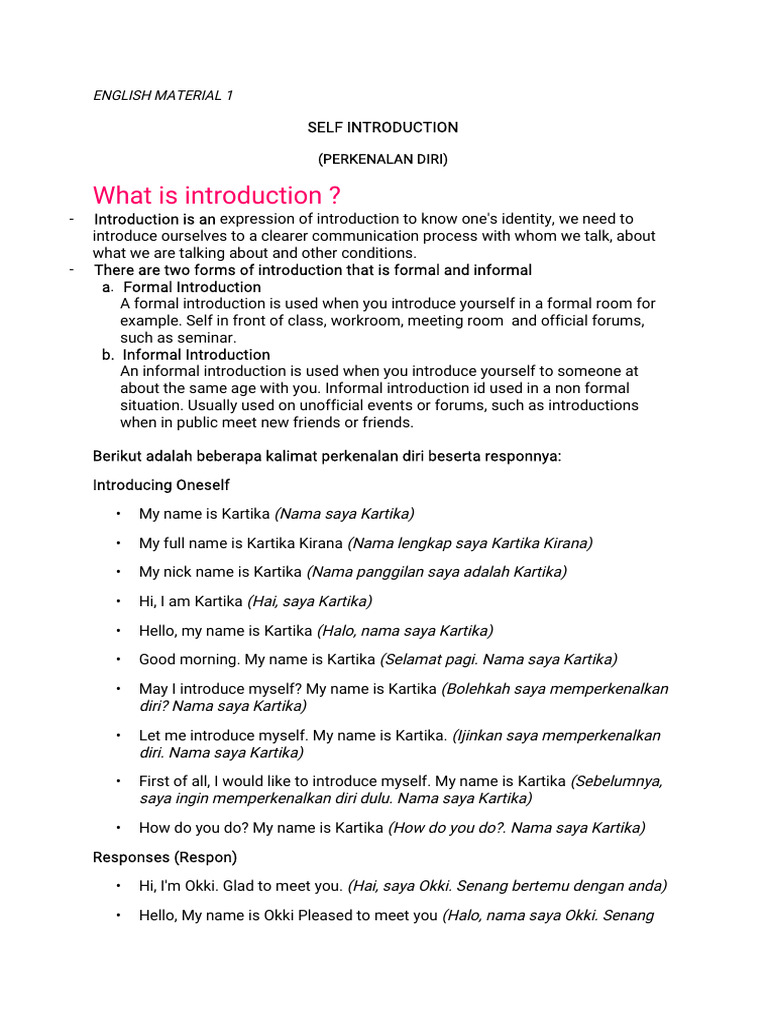 English Material 1 Self Introduction | PDF