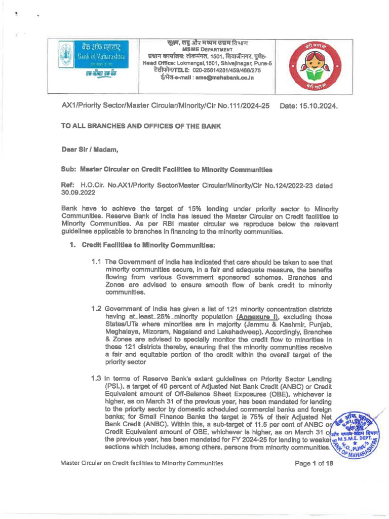 Master Circular on Credit Facilities to Minority Communities | PDF