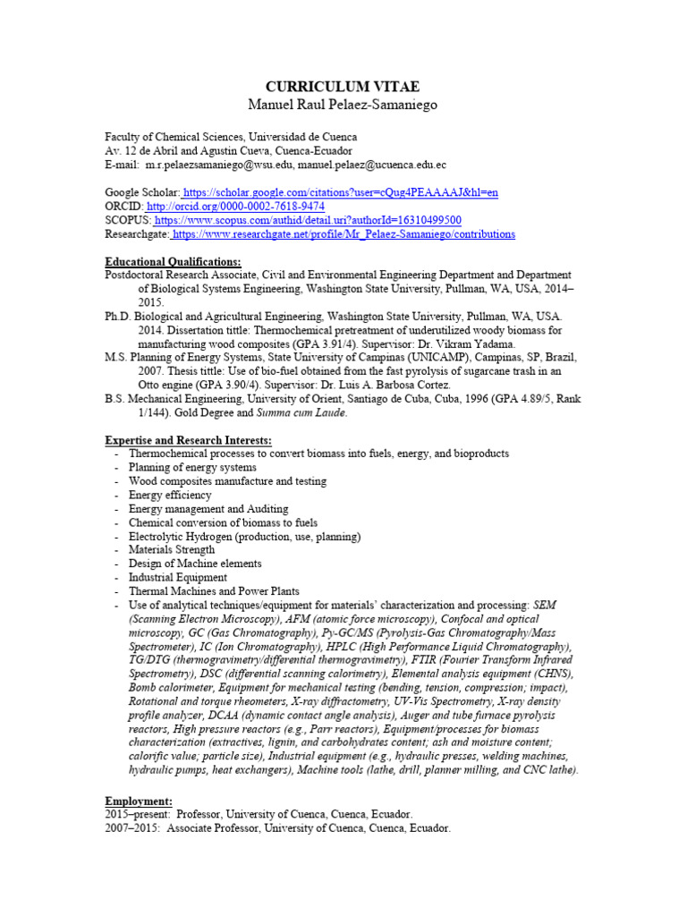 CV Raul PelaezSamaniego 2017 | PDF | Pyrolysis | Thesis
