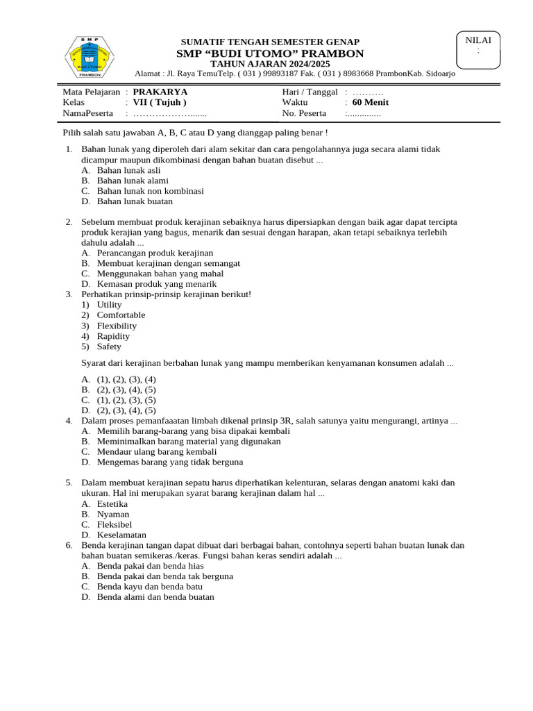 Soal STS Prakarya KLS 7 Genap 2024-2025 | PDF