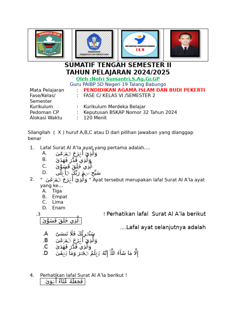 SUMATIF TENGAH SEMESTER II PAIBP IKM KELAS 6 | PDF