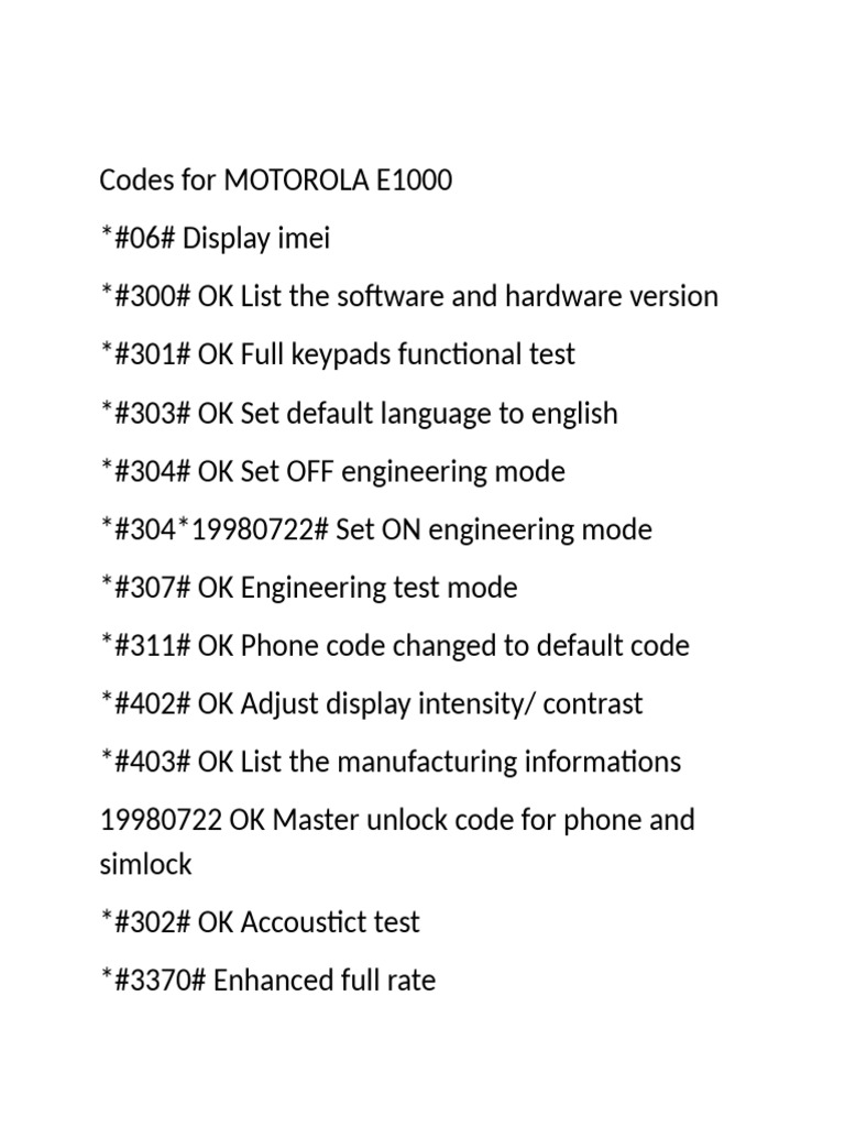 Motorola E1000 Secret Codes Guide | PDF