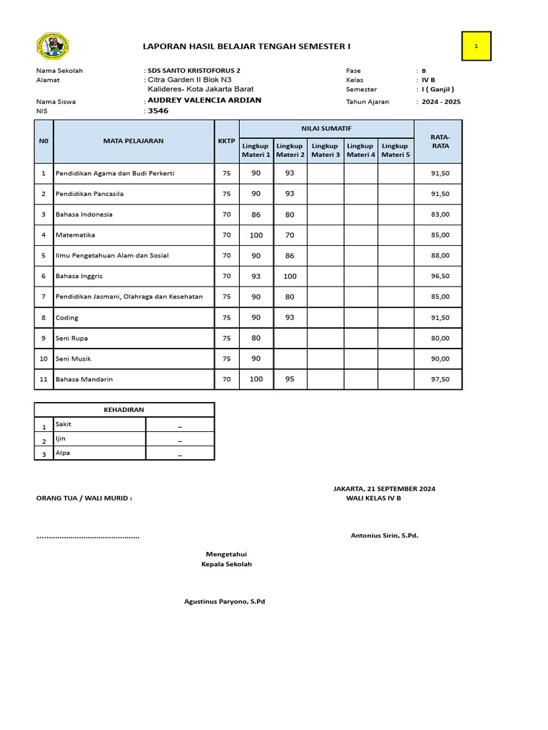 4b Sd2 Rapor Mid Semester 1 2024-2025.Xlsx - Raport Mid Vlookup | PDF
