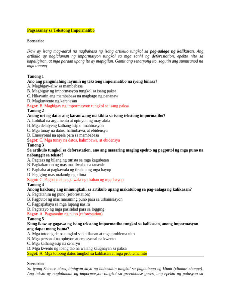 Pagsasanay Sa Tekstong Impormatibo | PDF