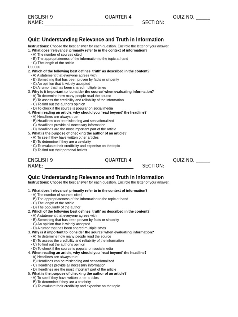 Quiz on Information Relevance and Truth | PDF | Truth | Credibility
