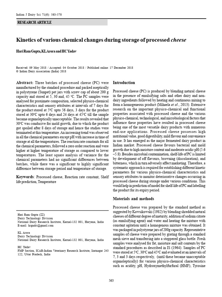 Kinetics of Various Chemical Changes During Storage of Processed Cheese ...
