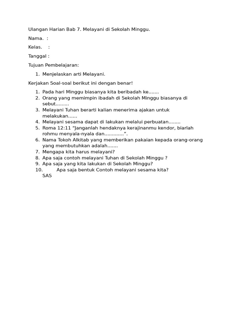 Ulangan Harian Melayani Di Sekolah Minggu Pdf