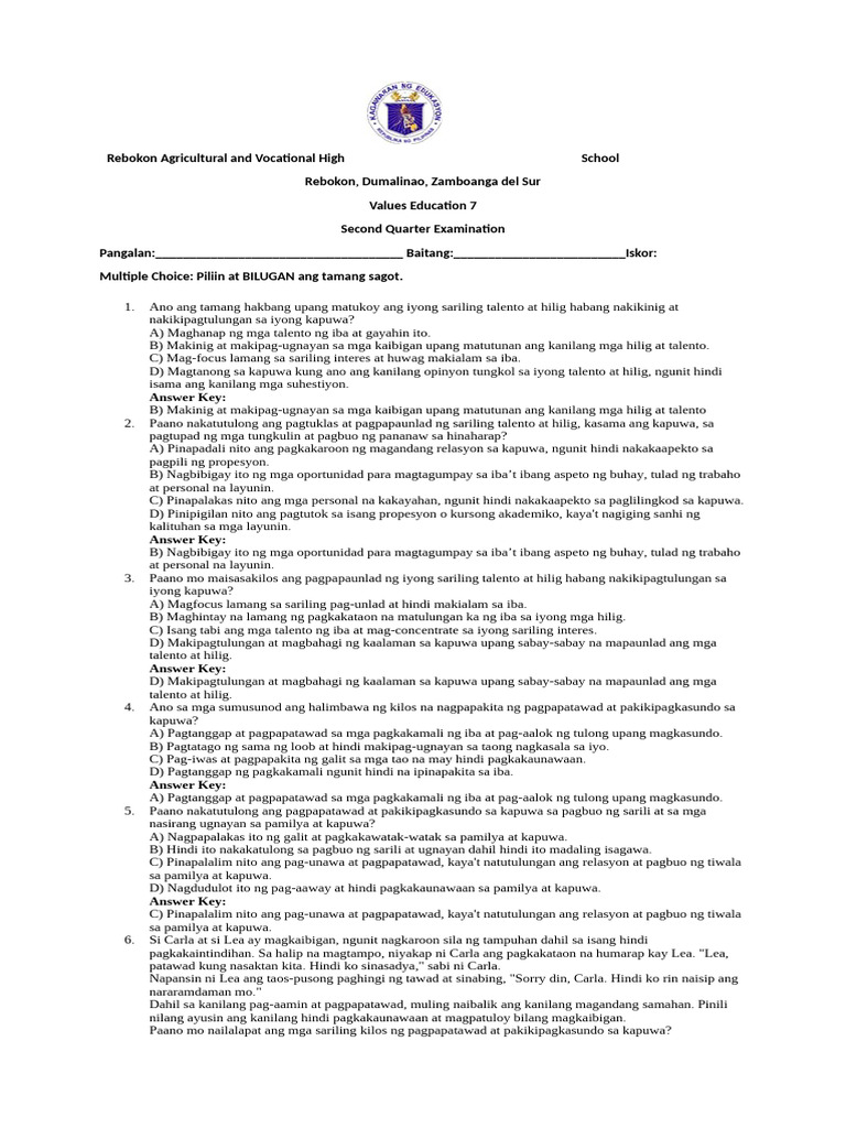 Grade 7 quarter 3 values education 7 exam matatag curriculum answer key ...