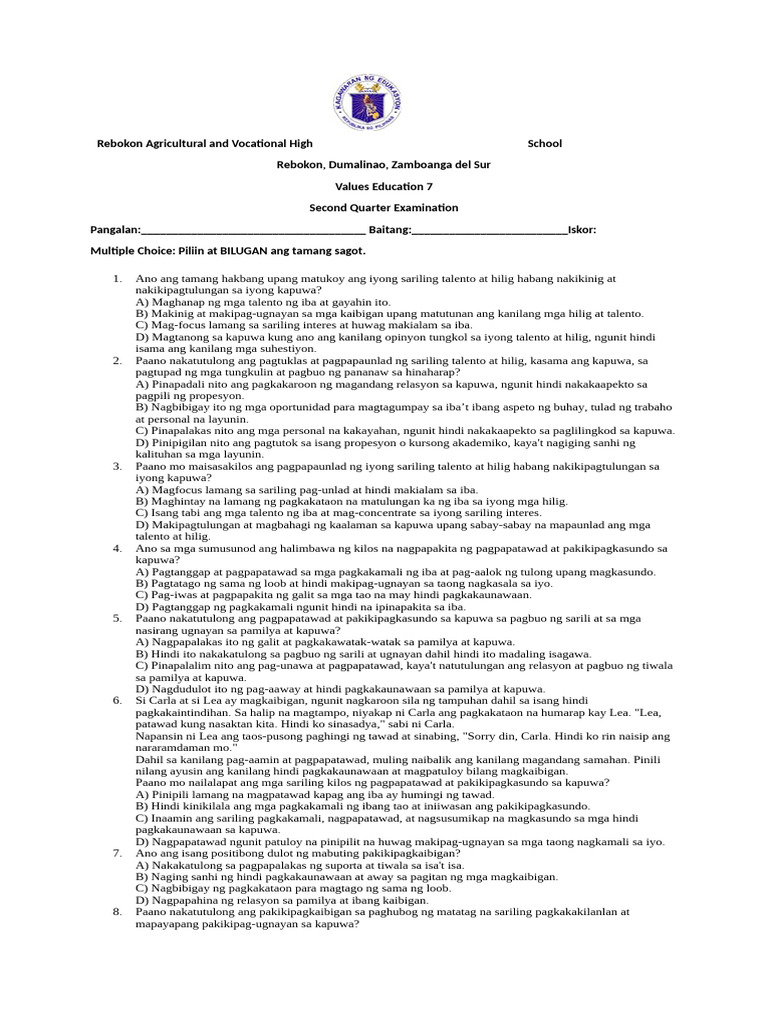 Grade 7 Quarter 3 Values Education 7 Exam Matatag Curriculum Final | PDF
