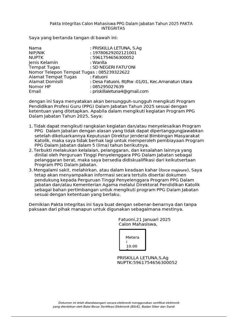Pakta Integritas Dan Surat Ijin Kepsek PPG Daljab 2025 | PDF