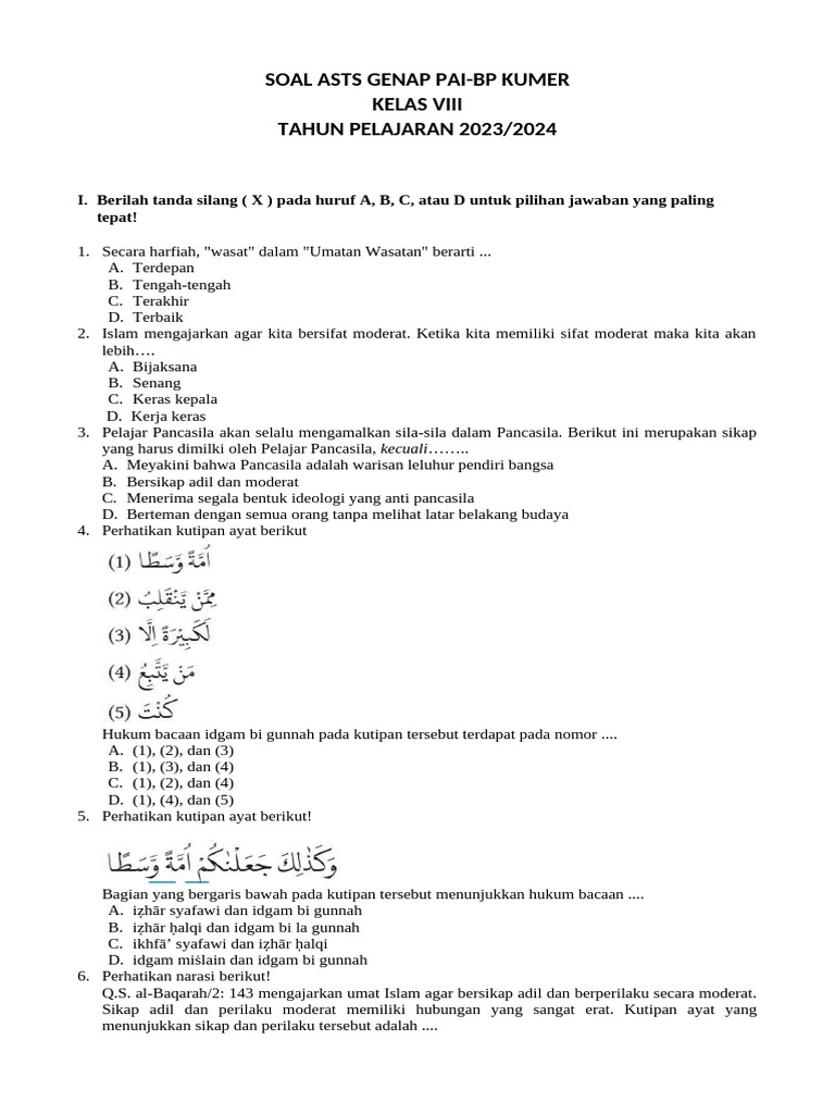 Soal PTS Genap PAIBP Kelas 8 | PDF
