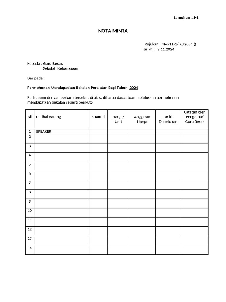 Nota Minta Pantia Muzik LPBT November 2024 | PDF