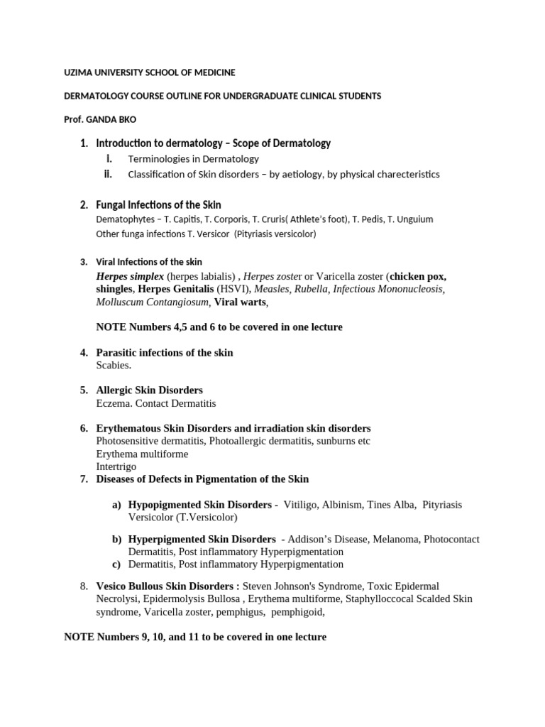 Dermatology Course Outline | PDF | Dermatitis | Dermatology