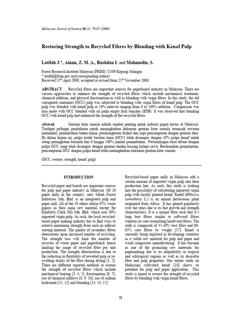 Restoring Strength To Recycled Fibres by Blending With Kenaf Pulp | PDF | Paper | Pulp (Paper)