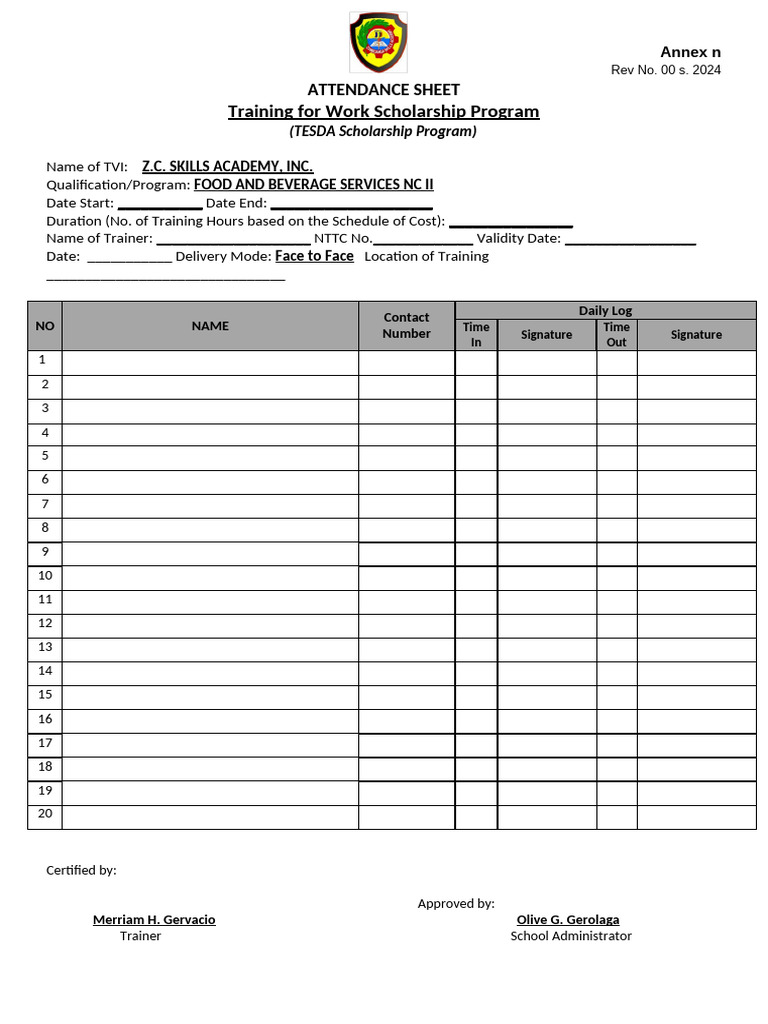 TESDA Food & Beverage Training Attendance | PDF