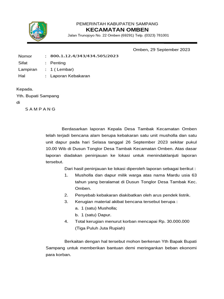 Laporan Kebakaran di Omben 2023 | PDF