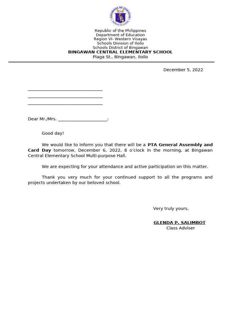 Pta Gen. Assembly Letter | PDF