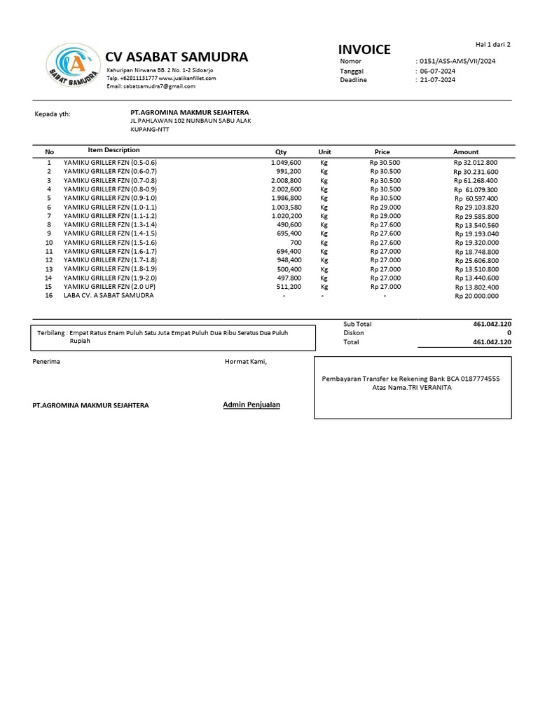 Invoice Pembelian YAMIKU GRILLER FZN | PDF
