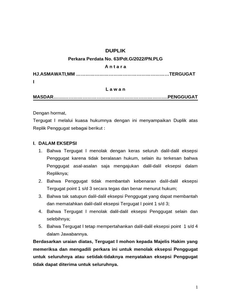 Duplik Terhadap Gugatan Perbuatan Melawan Hukum | PDF