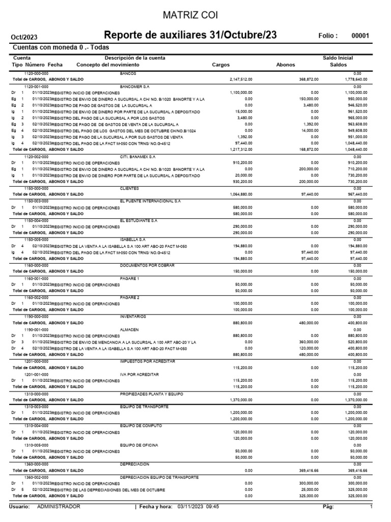 Reporte Auxiliar Financiero Oct/23 | PDF | Economias | Dinero